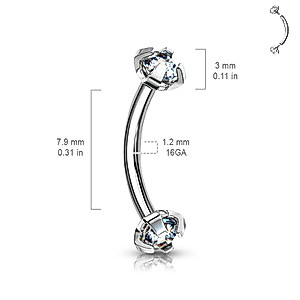 Pierced Owl 16GA Stainless Steel Internally Threaded Prong Set CZ Crystal Ends Cartilage Helix Rook Eyebrow Curved Barbell (Clear)
