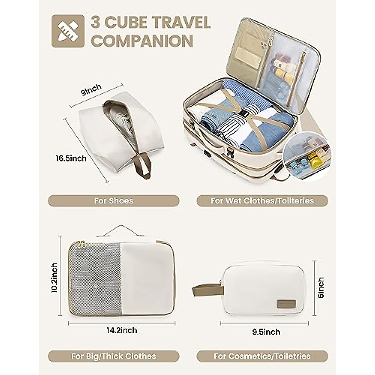 LOVEVOOK Travel Backpack for Women, 40L Carry On Backpack Flight Approved, Waterproof 17 Inch Laptop Backpack with 3 Cubes, College Bookbag, Personal Item Travel Bag, Beige-Khaki