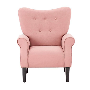 YOLENY Modern Accent Chair,High Back Armchair,Upholstered Fabric Button Single Sofa with Wooden Legs for Living Room,Bedroom,Club,Light Pink