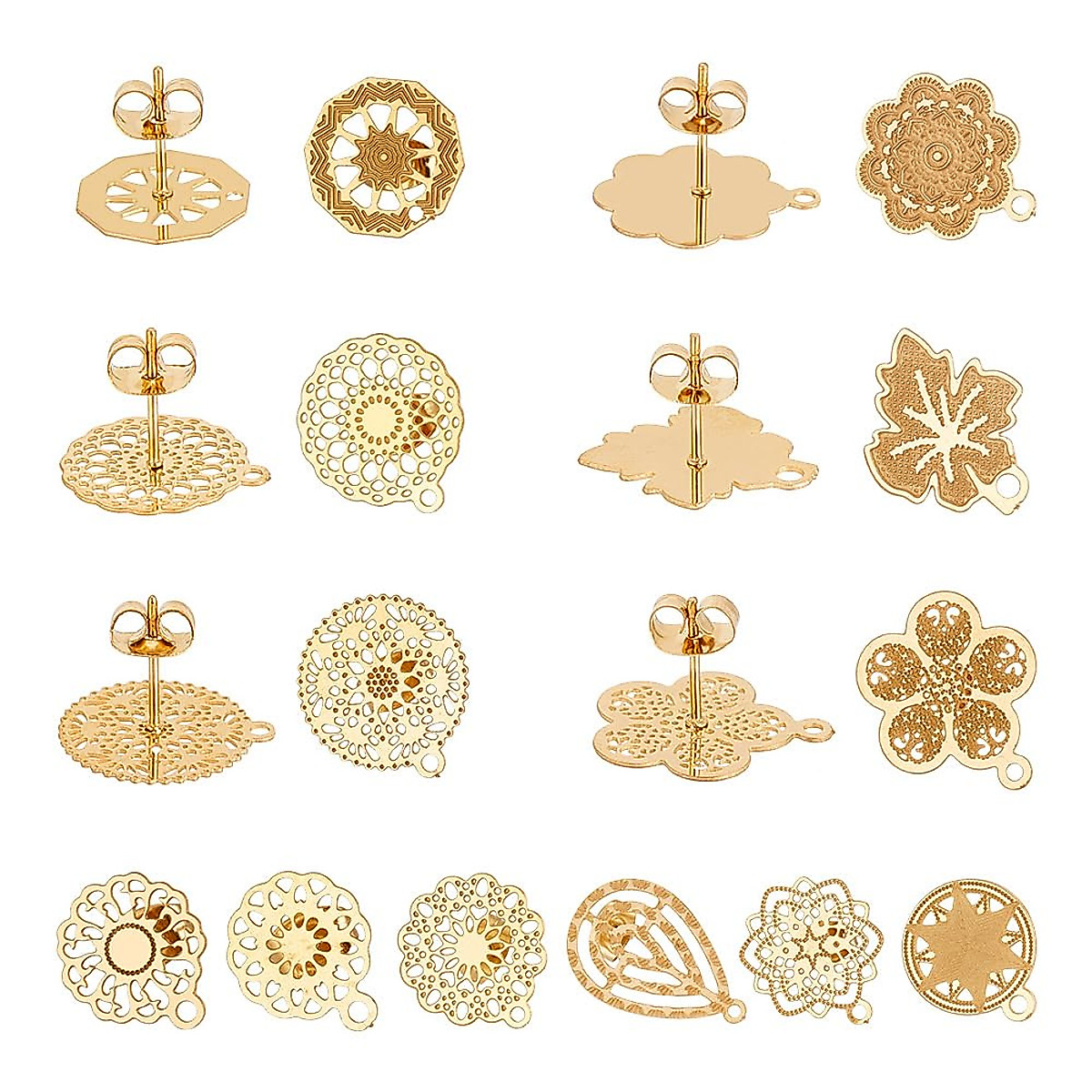 UNICRAFTALE 24pcs 12 Styles Golden Bohemian Stud Earring Findings Stainless Steel Ear Stud Component with Loop Butterfly Stoppers 0.7mm Pin Mixed Shapes Earring for Jewelry Making, Hole 1mm