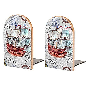 2 Pack Wood Bookends,Vintage Ship Pattern Decorative Book Ends Support for Shelves Desktop Organizer Wooden Bookshelf for Home School Office
