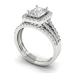 1.57ct Emerald Cut Clear Simulated Diamond 14k White Gold Halo Solitaire W/Accents Wedding Bridal Ring Band Set Sz 11