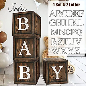 Wood Baby Shower Balloon Boxes, 4 Pcs Brown BABY Balloon Boxes with 30 Letter (A-Z + BABY) Wood Grain Printed for Boy Woodland Bear Baby Shower Party Decorations and Supplies