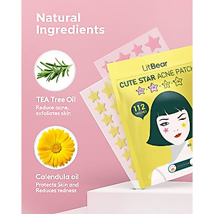 LitBear Acne Patch Pimple Patch, Pink & Yellow Star Shaped Acne Absorbing Cover Patch, Hydrocolloid Acne Patches For Face Zit Patch Acne Dots, Tea Tree Oil & Centella, 112 Patches, 14mm & 10mm