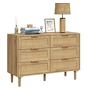 Furniouse 6 Drawer Rattan Dresser for Bedroom, Wooden Dresser Chest of Drawers, Storage Organizer for Closet, Beside Table for Living Room, Entryway