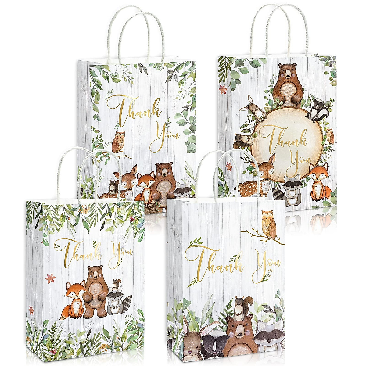 AnyDesign 24 Pack Woodland Thank You Gift Paper Bags with Handles Bulk 4 Design Woodland Baby Shower Party Favor Bags for Birthday Wedding Baby Shower Party Supplies Decoration, 5.9 x 8.3 x 3.1 Inch