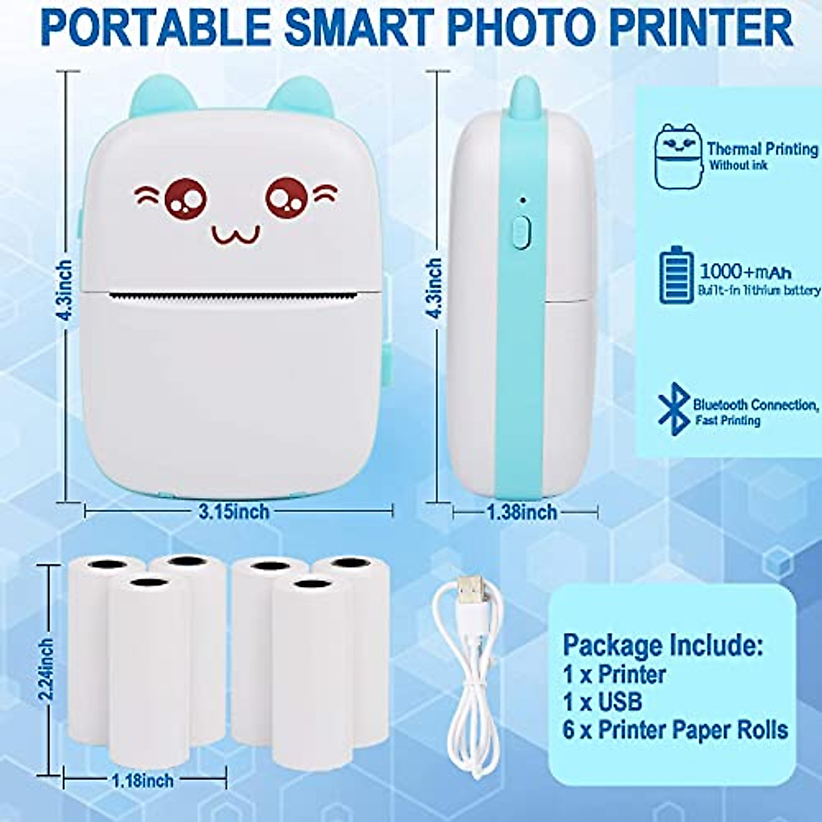 Portable Printer, Mini Pocket Wireless Bluetooth Thermal Printers with 6 Rolls Printing Paper for Android iOS Smartphone, BT Inkless Printing Gift for Label Receipt Photo Notes Study Home Office, Blue