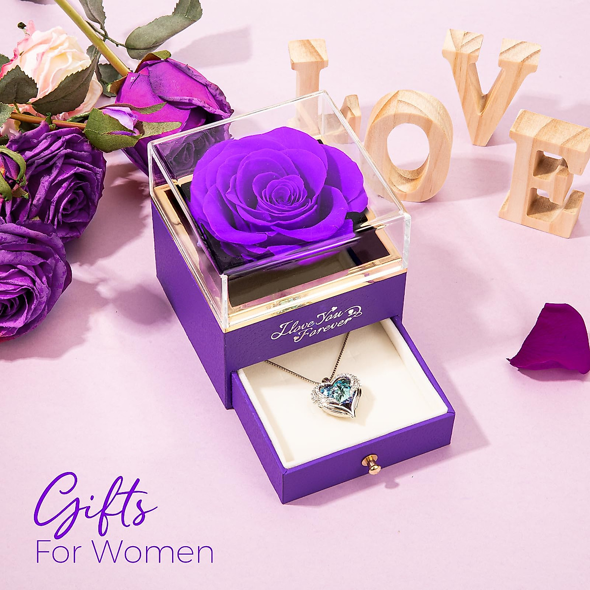 NEWNOVE Mothers Day Gifts - Preserved Real Purple Rose with Angel Wings Necklace - Flower Gifts for Women Wife Girlfriend Mom and Grandma, Anniversary Birthday Gifts for Women
