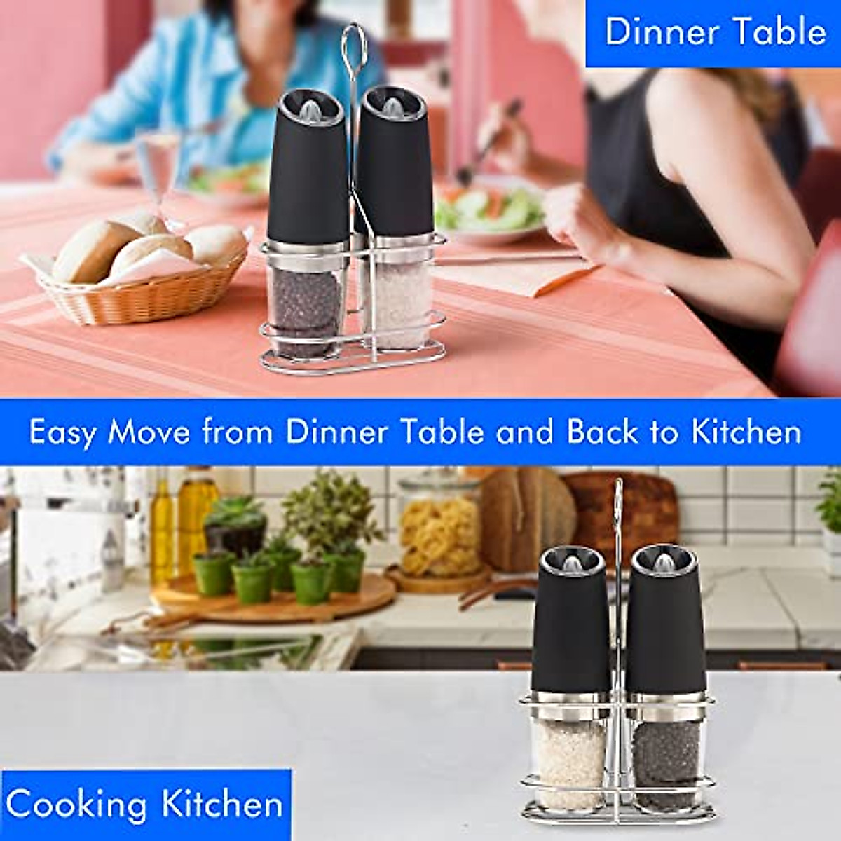 Gravity Electric Salt and Pepper Grinder Mill [Set of 2] with Blue LED Light. Flip to Grind. One Hand Operation, Adjustable Coarseness. Includes Stand, Spoon and Brush. Automatic Battery Powered