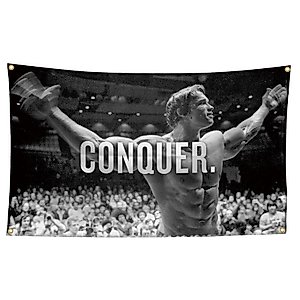 Arnold Schwarzenegger Conquer Motivational Inspirational Office Gym Wall Decor Flag Banner，3x5 Feet Flag Funny Poster Durable Man Cave Wall Flag with Brass Grommets This beautiful entertaining banner