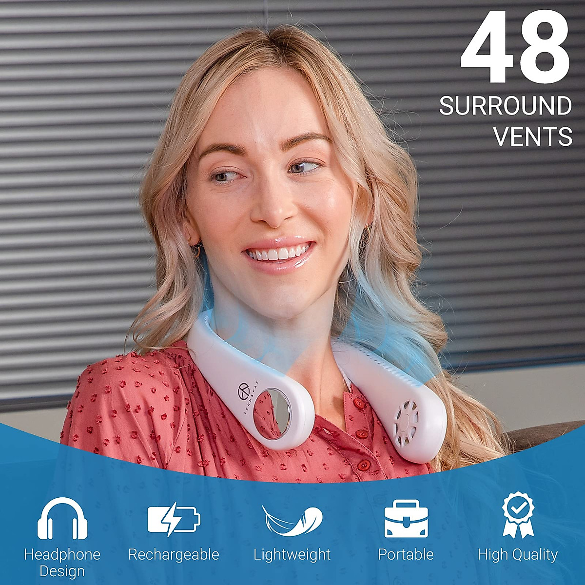 Fern & Pax Bladeless Neck Fan – USB Rechargeable Portable Neck Fan with 3 Airflow Levels – Headphone Design Cooling Fan – Wearable Cooling Device with Flexible Rubber Ductile Arm