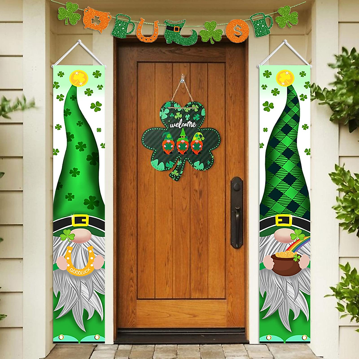 St Patricks Day Decorations Outdoor, 3 Pack Green Gnomes Welcome Banners Porch Signs with Glitter Garland Banner, Irish Shamrock Saint Patrick's Day Décor for The Home Party Door Tree Classroom Office