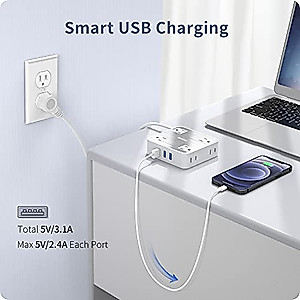 SUPERDANNY Power Strip Surge Protector with 3 USB Ports, 8 Widely Spaced Outlets, Flat Plug, 5 Ft Extension Cord, 1050 Joules, Wall Mount, Compact Size Space Save, Stylish Brushed Finish, White