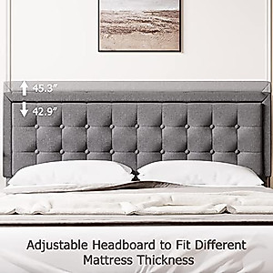 Senfot Full Size Bed Frame, Modern Upholstered Platform Bed with Button Tufted Headboard, Heavy Duty Metal Foundation with Wood Slats Supports No Box Spring Needed in Light Grey