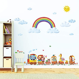 DECOWALL DA-1913P1406A Rainbow and Animal Train Kids Wall Stickers Wall Decals Peel and Stick Removable Wall Stickers for Kids Nursery Bedroom Living Room d?cor