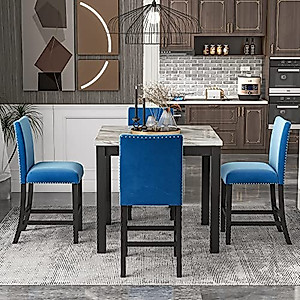 Lifeand 5-Piece Counter Height Set with One Faux Marble Dining Table and Four Upholstered-Seat Chairs,for Kitchen and Living Room Furniture, OneSize, Blue