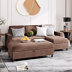 JAMFLY 79'' Sectional Sofa Couch with Storage Ottoman, Living Room Furniture Set Small Deep Convertible Sofa, L-Shaped Couch Wide Reversible Chaise with Linen Fabric (Brown)