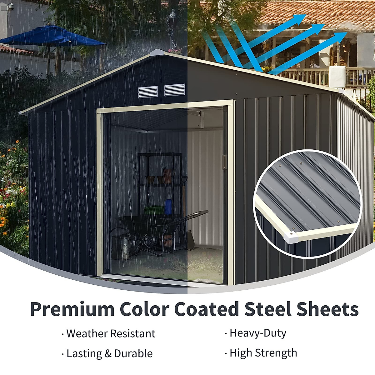 IRONMAX 11x8 FT Outdoor Storage Shed, Galvanized Steel Garden Shed w/Double Sliding Doors & Air Vent for Lawnmower Tool Bike, Heavy Duty Tool Storage House for Backyard Patio Lawn