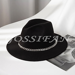 Gossifan Women Men Wide Brim Fedoran Hat with Chain Belt Buckle - Dark Night