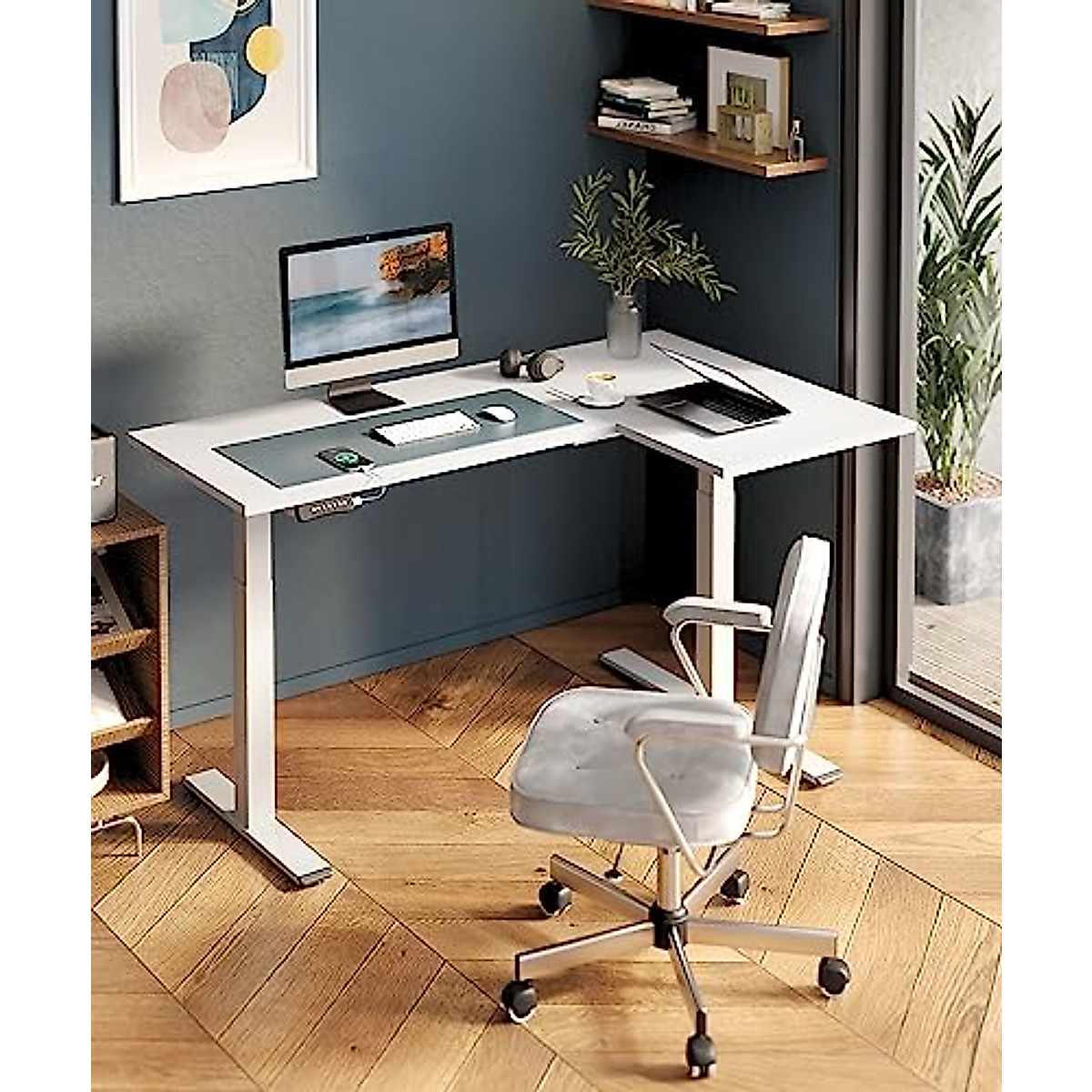 SANODESK 63-Inch Large Dual Motor L-Shaped Electric Height Adjustable Standing Desk - Reversible Panel - White Top/White Frame - Ideal for Gaming, Home Office or Computer Workstation