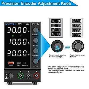 DC Power Supply Variable, Adjustable Switching Regulated Power Supply (30 V 0-10A) with Encoder Coarse & Fine Adjustments Knob, Beach Power Supply with USB & Type-C Quick-Charge Interface
