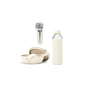 W&P Porter Silicone Sleeve Bundle Collection - Water Bottle, Plastic Bowl, and Utensil Set - BPA-Free Plastic, Dishwasher Safe, Portable, Travel Set (Cream)