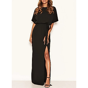 Happy Sailed Womens Batwing Sleeve Tie Waist Long Maxi Dress Side Split Formal Party Dresses Evening Gown Black Medium