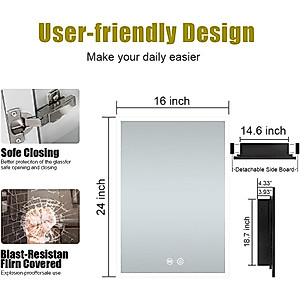 Janboe LED Medicine Cabinet with Light,16×24inch,Recess Mirror Cabinet for Bathroom,3 Color,Dimmable,Demister,Detachable Side Plate,Recess Mount or Surface Mount