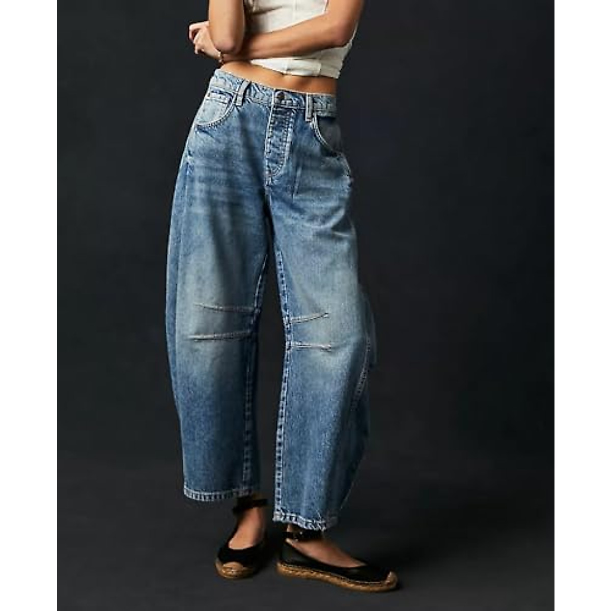 KMBANGI Womens Baggy Mid Rise Jeans Wide Leg Loose Boyfriend Denim Harem Cropped Pants Vintage Barrel Jeans Y2k(Dark Blue,L)