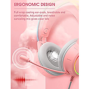 SIMGAL Gaming Headset with Mic, 3.5mm Lightweight Headphones with RGB Aluminum Frame, Surround Sound, Compatible with PS4 PS5 Xbox One(Adapter Not Included) PC Mobile Phone (Pink Without Antler)