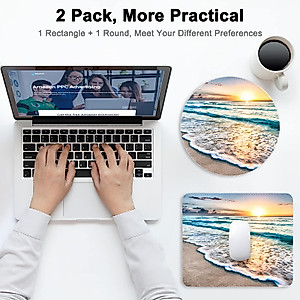 Mouse Pad, Square and Round Mouse Pads, 2 Pack,10.3 x 8.7 inch and Dia 8.7 inch, Cute Small Mousepad, Stitched Edge Mouse Pads for Desk, Gaming Mouse Mat for Computer Laptop Office -Sunrise Beach