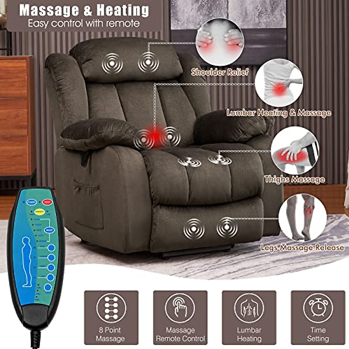CDCASA Electric Power Lift Recliner Chair with Massage and Heat for Elderly, Reclining Chairs for Seniors, 3 Positions, Side Pocket, USB Port, Plush Fabric, Brown
