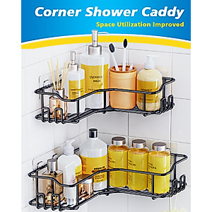 Coraje 2 Pack L-Shape Black Modern, Minimalist Shower Caddy, Adhesive Shower Organizer, Stainless Steel, 40 lbs Capacity