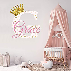 Girls Nursery Personalized Polka Dot Initial and Glitter Crown Custom Name Vinyl Wall Decal, Decor Wall Stickers (Small)
