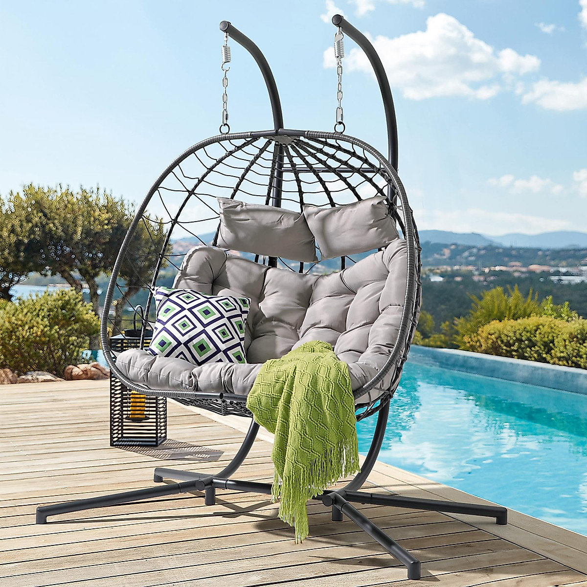 Patiorama 2 Person Double Egg Swing Chair with Stand Indoor Outdoor, Patio Wicker Rattan Hanging Egg Chair w/Cushion, Pillow, Foldable Hammock Chair 550lbs for Bedroom, Balcony, Garden (Light Grey)