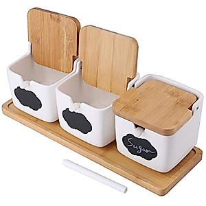 Lawei 3 Pack Ceramic Spice Jar with Lid and Spoon, Square Porcelain Condiment Jar Salt and Pepper Containers with Wooden Tray, White Pottery Cruet Pot for Sugar Bowls, Serving Tea, Coffee, Spice, Home