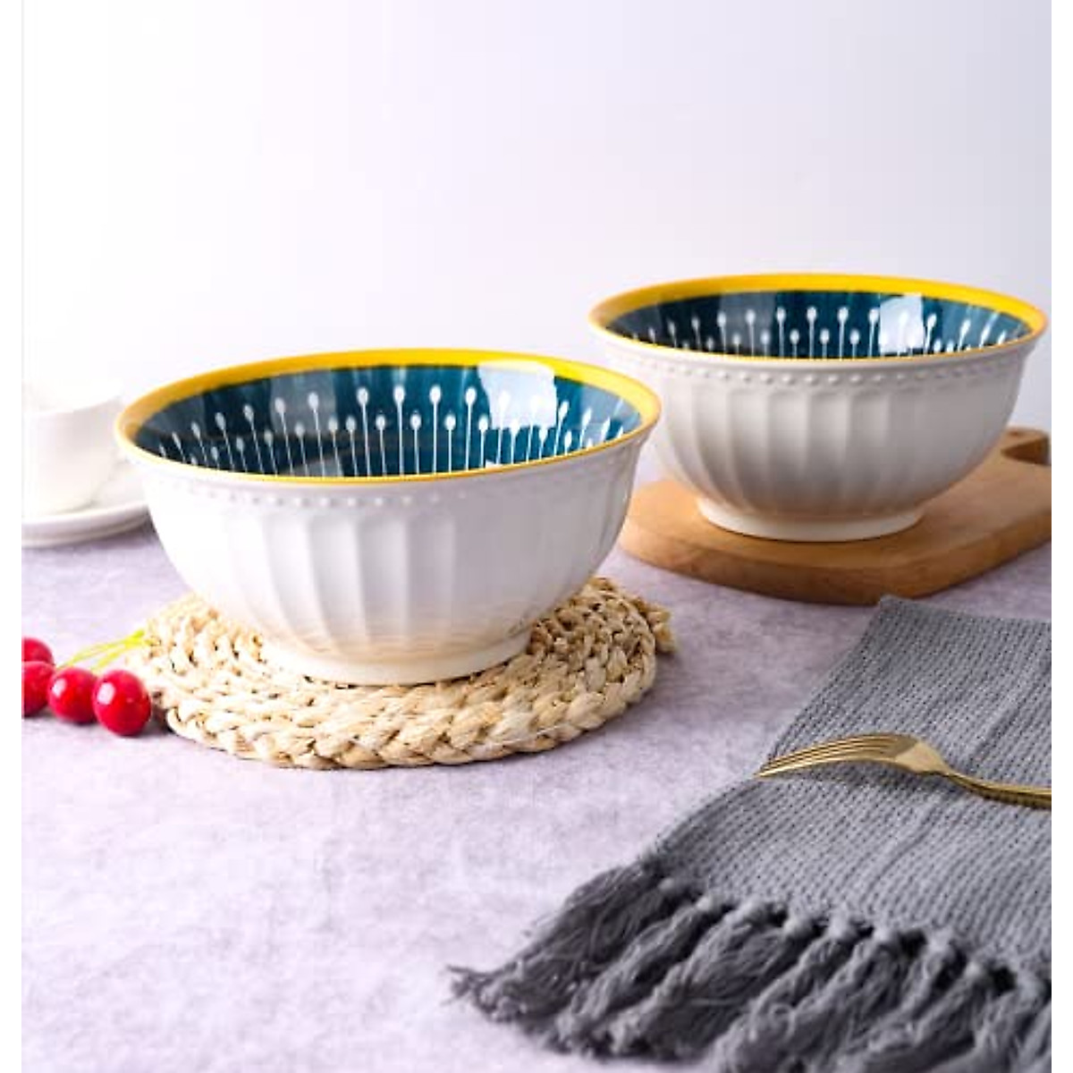 bozopion 56 oz Ceramic Salad Bowls,8 Inch Serving Bowls,Set of 2,Porcelain Bowls for Kitchen,White Blue and Yellow