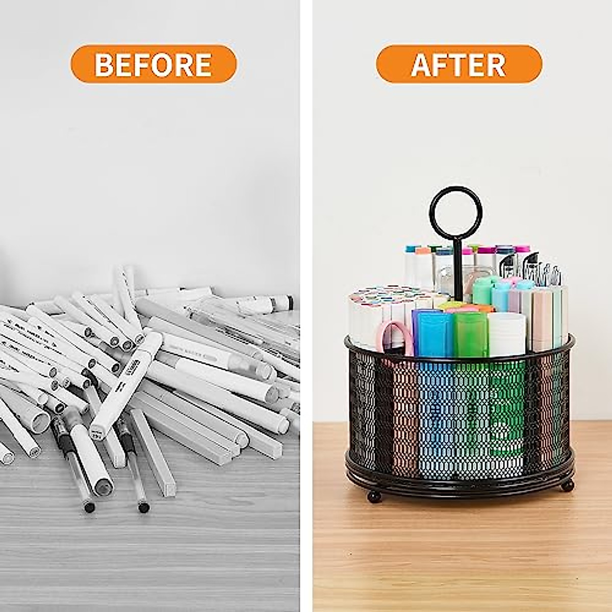 Spacrea Pencil Holder for Desk - 360°Degree Rotating Pen Organizer, Desk Organizer with 4 Compartments, Pen Holder for Desk, For School, Classroom, Office, Art Supplies(Black)