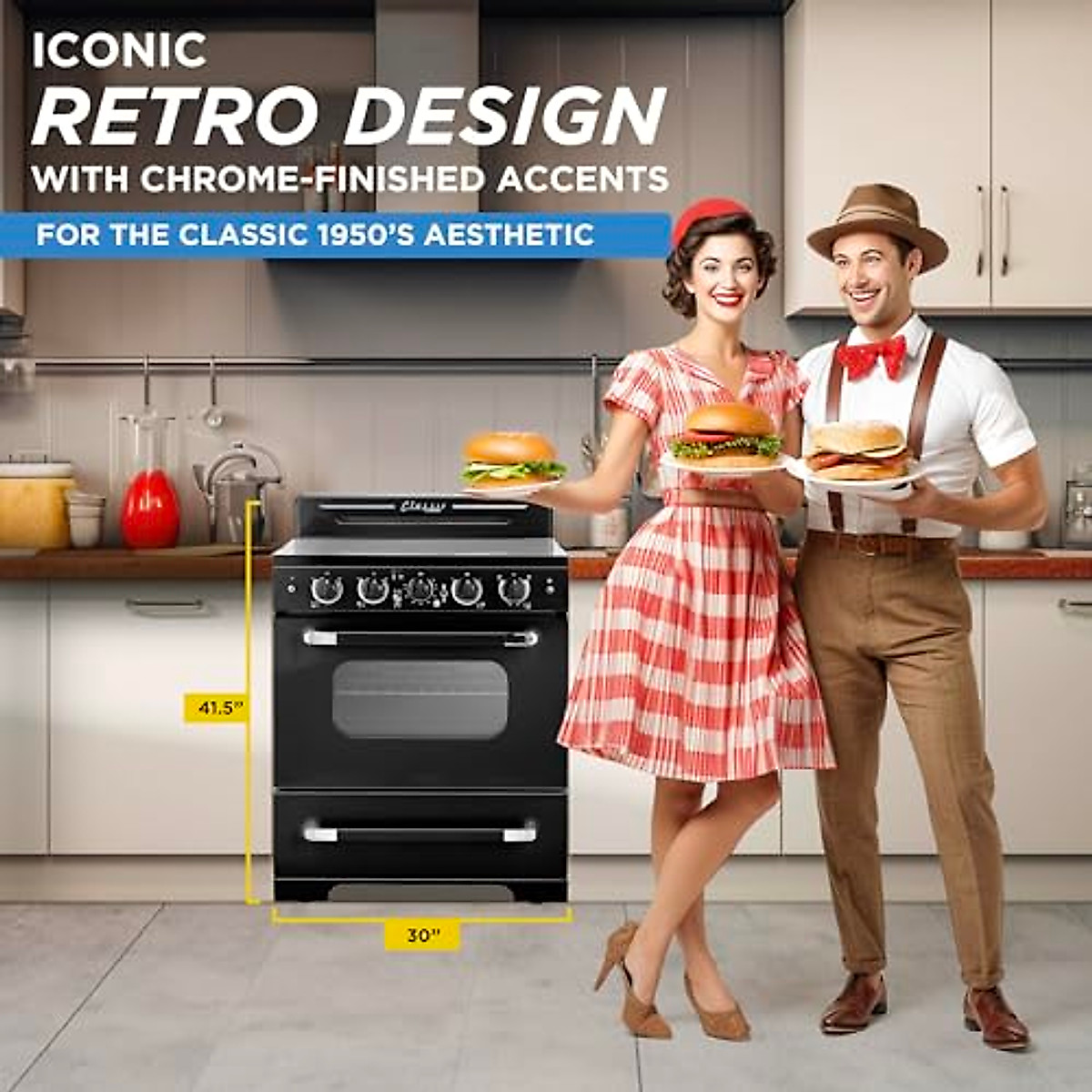 Unique Appliances UGP-30CR EC B Classic Retro Radiant Freestanding Electric Convection Oven Light, Range with 5-Element Glass Cooktop, 30", Midnight Black