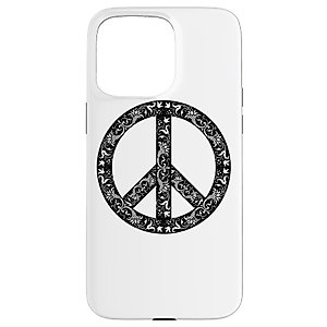 iPhone 15 Pro Max Cool Black & White Floral Patterned Peace Sign Case