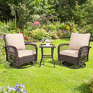 VINGLI 3 Pieces Outdoor Swivel Chairs Set of 2 and Side Table, Wicker Outdoor Rocking Chair Patio Swivel Chairs Outdoor Furniture Set for Porch Deck Backyard