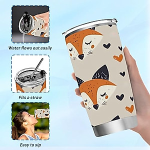 Wassud Cartoon Fox 20 oz Tumbler with Lid and Straw Stainless Steel Double Wall Vacuum Tumblers Insulated Travel Coffee Mug for Cold and Hot Drinks