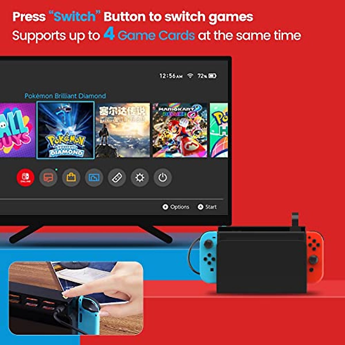 8-in-1 Game Card Reader for Nintendo Switch/Switch OLED Console and Dock, Mutilple Switch Games Reader, Card Storage Holder Accessories (4 Slots for Switching Games + 4 Slots for Storage)