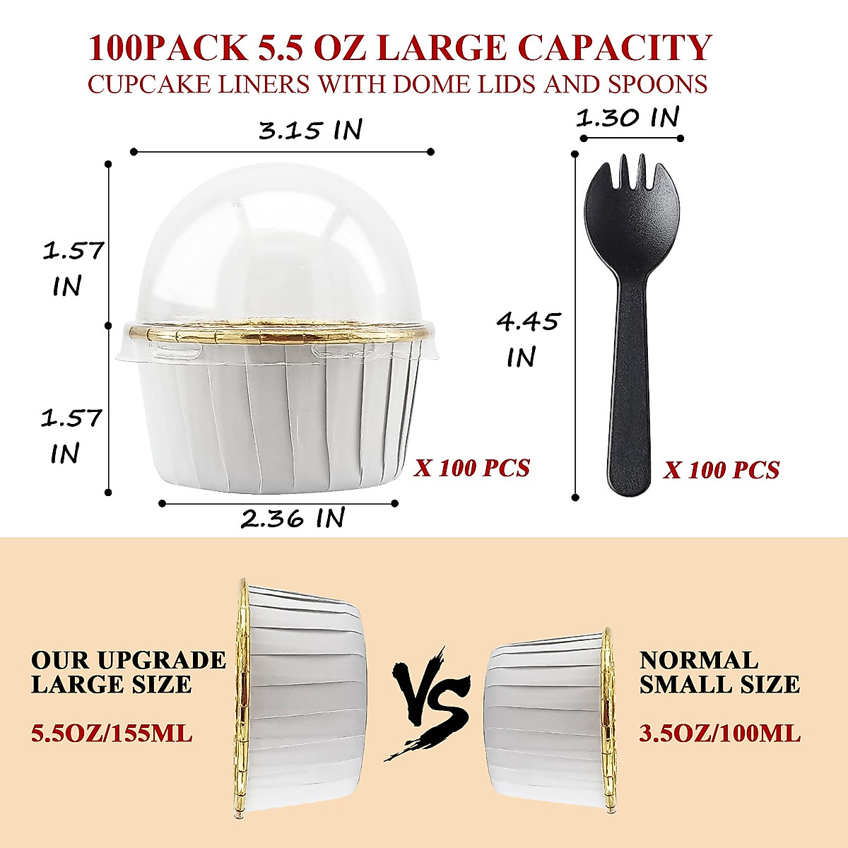 Cupcake Liners With Dome Lids 100 Pack,LNYZQUS 5.5 Oz Foil Cupcake Tins Baking Cups,Disposable Ramekins Muffin Tins,Large Cupcake Cups Cupcake Wrappers Holders,with Spoons-White in Gold