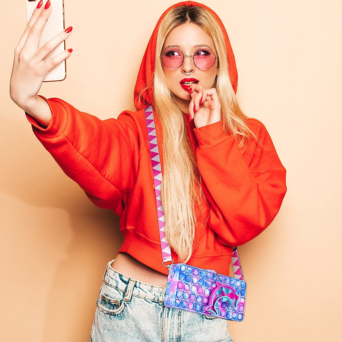 NiToy Push Pop Bubble Purse Fidget Sensory Toy+Dolphin Pop Keychain for Girls, Multicolor Popper Crossbody Shoulder Zipper Handbag Adjustable Belt Cosmetic Travel Case Storage