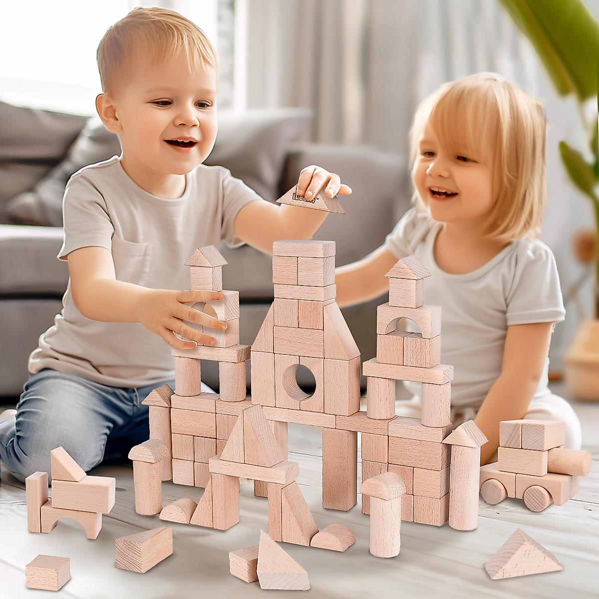 iPlay, iLearn Kid Wooden Building Block Set, Toddler Natural Wood Block Montessori Learning Toy, Large Hardwood Stacking Brick Castle Unit, Preschool Classroom Gift 2 3 4 5 6 8 Year Old Boy Girl Child