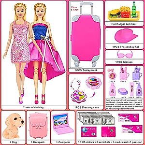 34 Pack Fashion 11.5 inch Girl Doll Clothes and Accessories Travel Luggage Suitcase Set with Dress Backpack Hat Glasses Puppy Food Toys etc (No Doll)