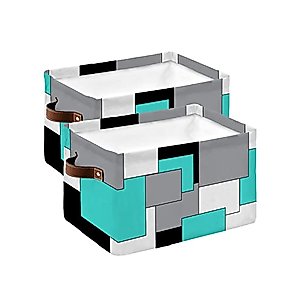 Laundry Hamper Storage Bins,Collapsible Cube Storage Organizer with Handles,Fresh Turquoise Gray White Stitch Color Block Mosaic Tile Abstract Art Large Laundry Clothes Hamper Storage Basket for Toys