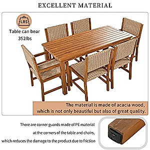 BIADNBZ 7 Pieces Outdoor Furnture Rattan Patio Dining Set with Acacia Wood Table Top and Chairs for 6 Person, for Garden Backyard Lawn, Natural