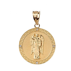 Solid 14k Gold Saint Gabriel The Archangel Diamond Round Medal Pendant (1.15")